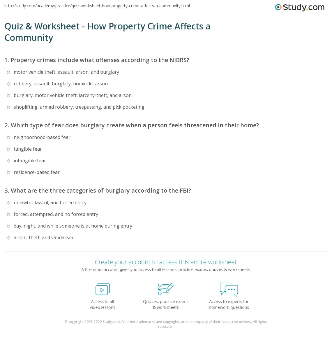 Quiz & Worksheet - How Property Crime Affects a Community | Study.com