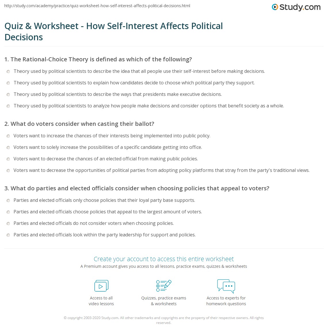 Quiz & Worksheet - How Self-Interest Affects Political Decisions ...