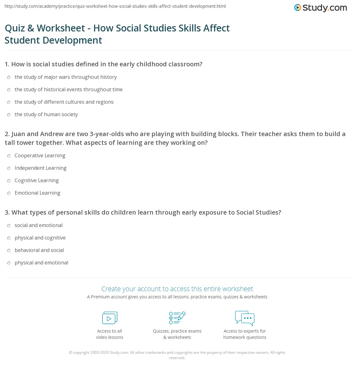 Quiz & Worksheet - How Social Studies Skills Affect Student Development ...