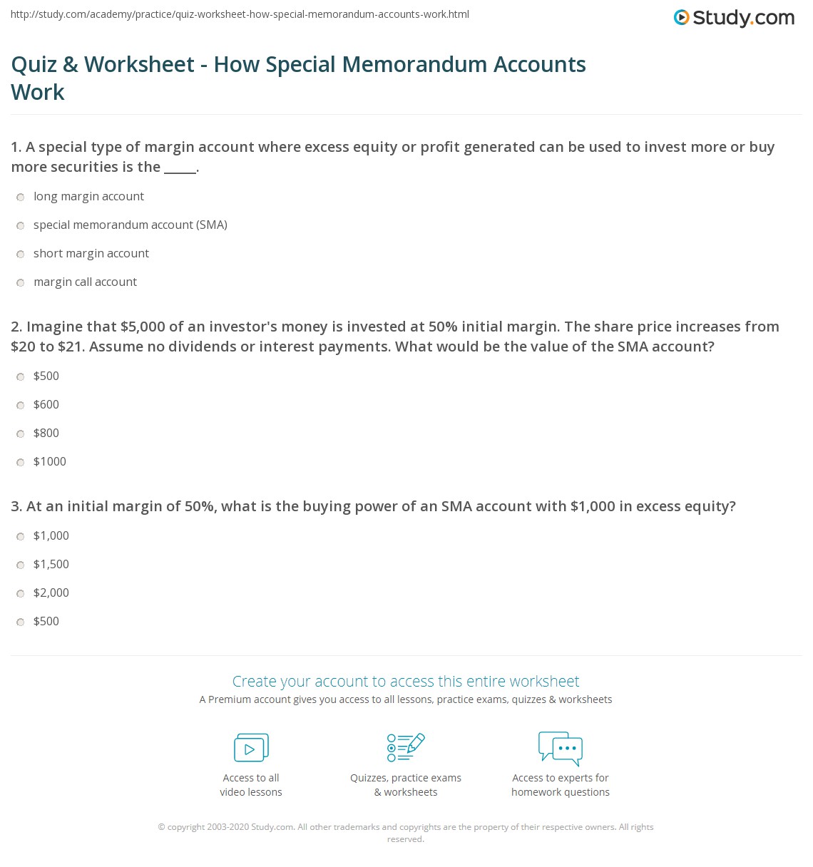 Quiz & Worksheet - How Special Memorandum Accounts Work | Study.com