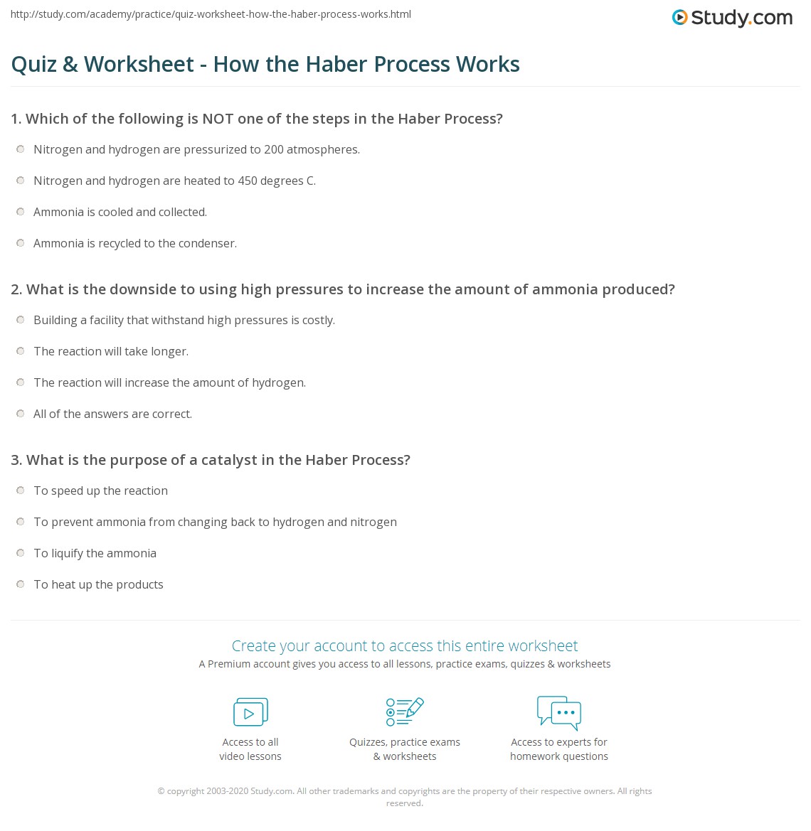 Quiz & Worksheet - How the Haber Process Works | Study.com