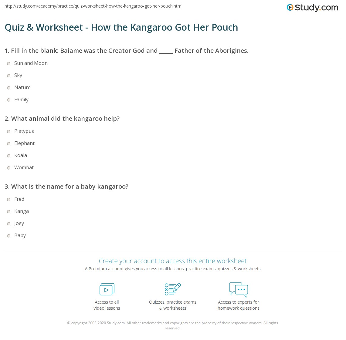 Quiz & Worksheet - How the Kangaroo Got Her Pouch | Study.com