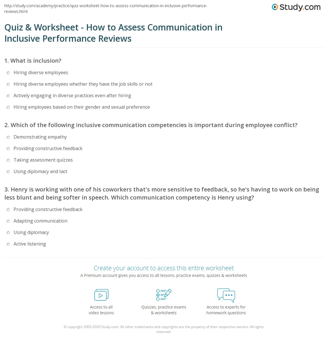 Quiz & Worksheet - How to Assess Communication in Inclusive Performance ...