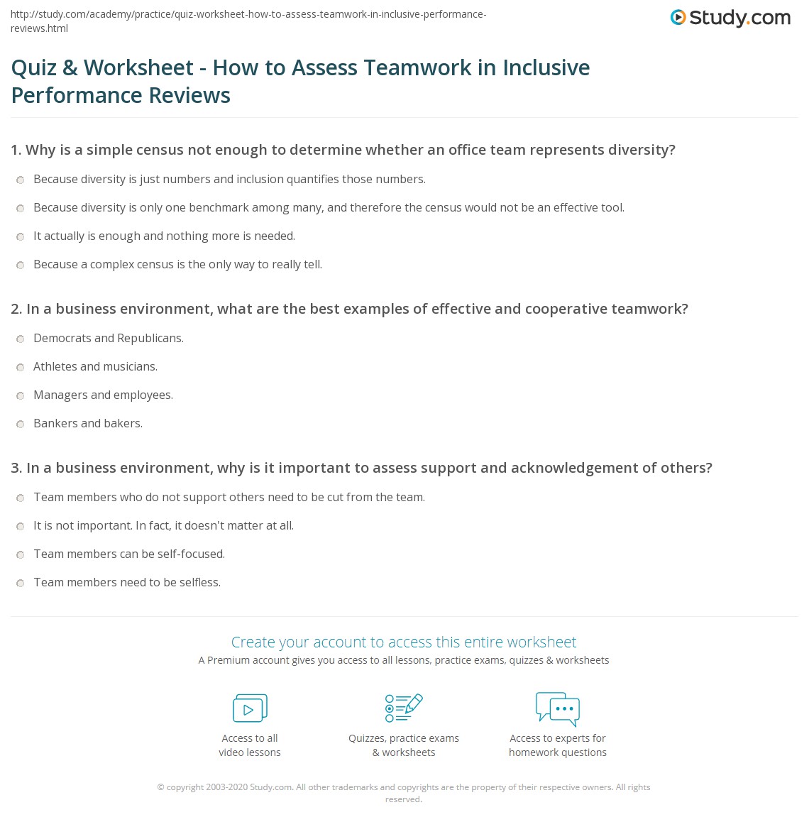 Quiz & Worksheet - How to Assess Teamwork in Inclusive Performance ...