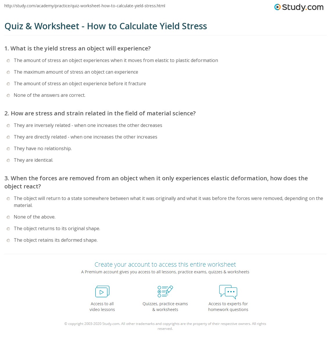 Quiz & Worksheet - How to Calculate Yield Stress | Study.com