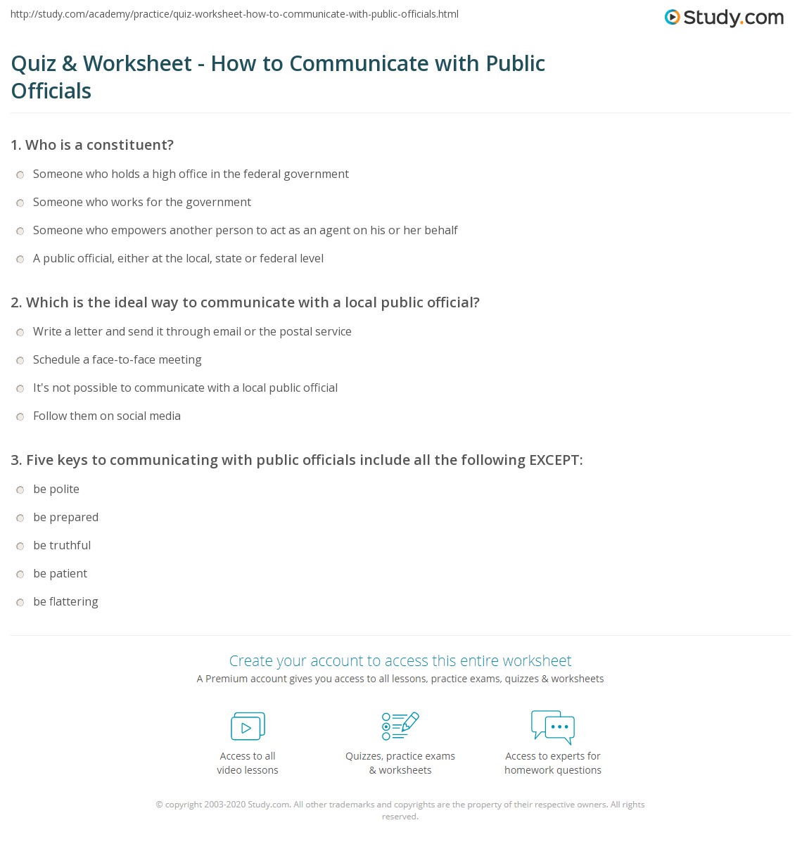 Quiz & Worksheet - How to Communicate with Public Officials | Study.com