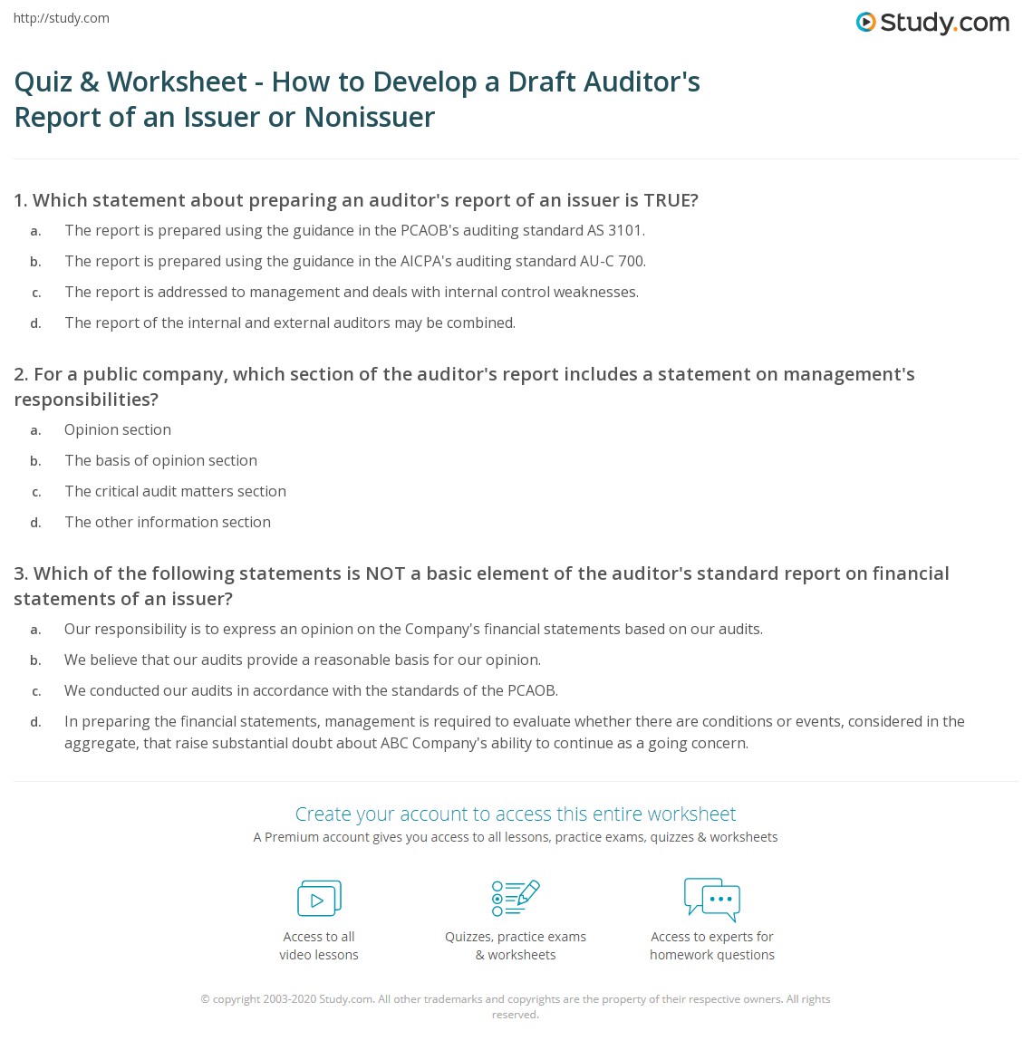Quiz & Worksheet - How to Develop a Draft Auditor's Report of an Issuer ...