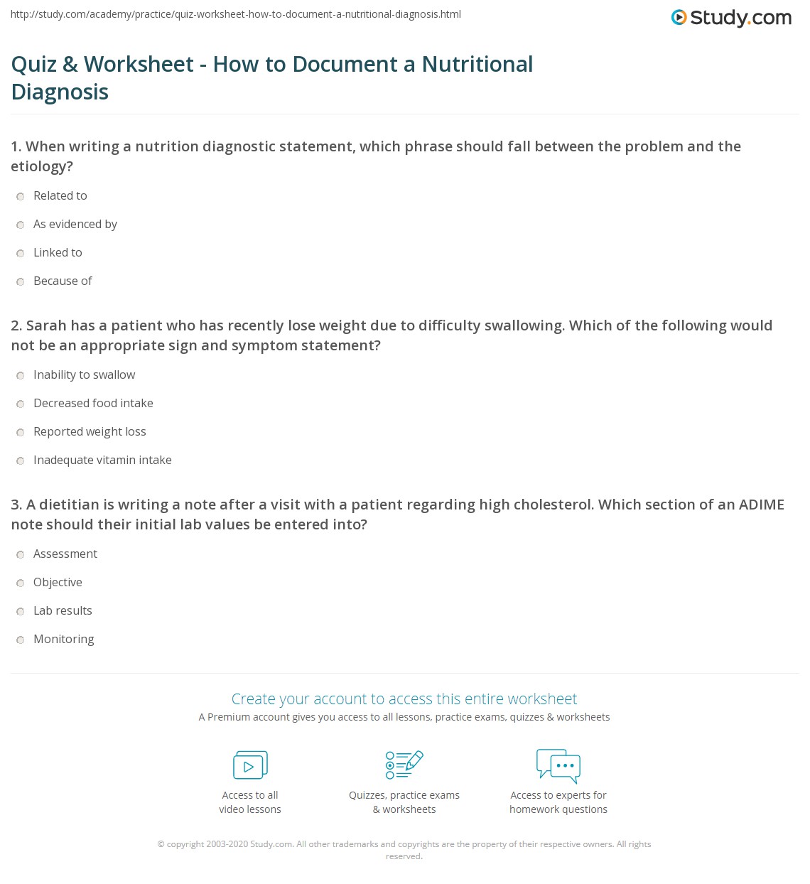 Quiz & Worksheet - How to Document a Nutritional Diagnosis | Study.com