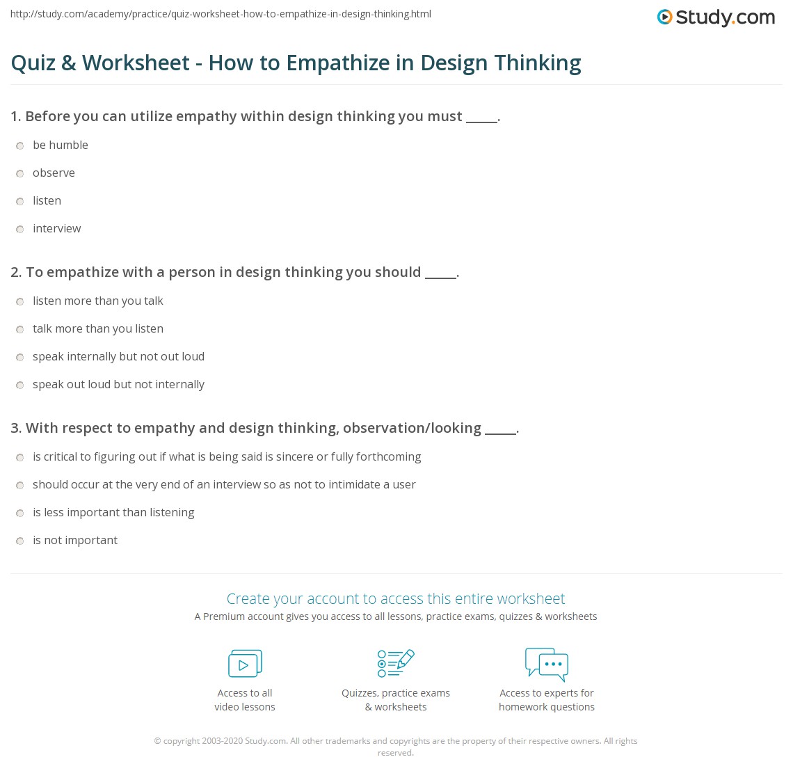 Quiz & Worksheet - How to Empathize in Design Thinking | Study.com