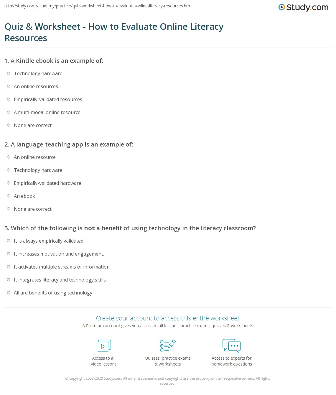 Quiz & Worksheet - How to Evaluate Online Literacy Resources | Study.com