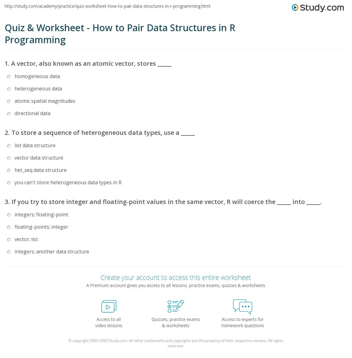 Quiz & Worksheet - How to Pair Data Structures in R Programming | Study.com