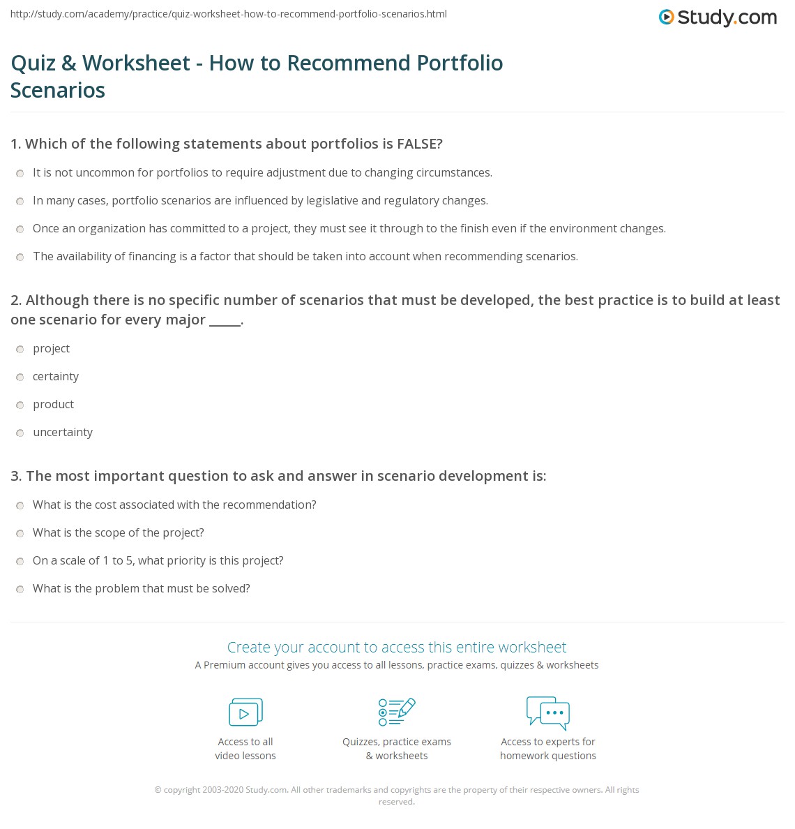 Quiz & Worksheet - How to Recommend Portfolio Scenarios | Study.com