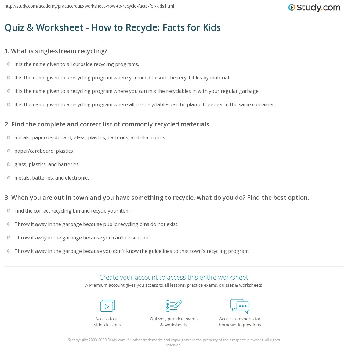 Quiz & Worksheet - How to Recycle: Facts for Kids | Study.com