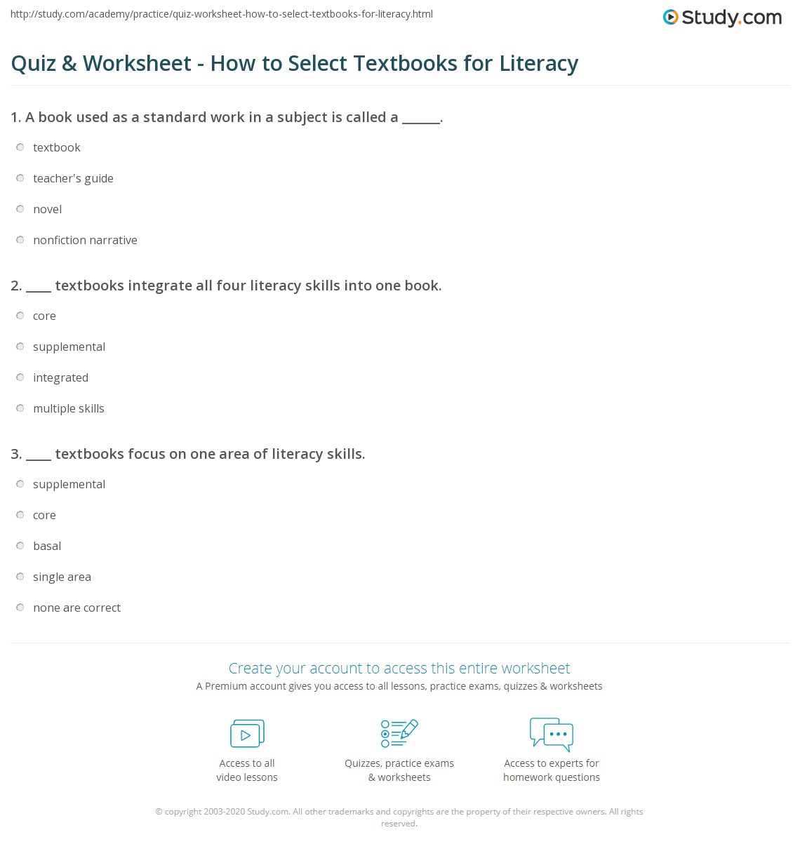 Quiz & Worksheet - How to Select Textbooks for Literacy | Study.com