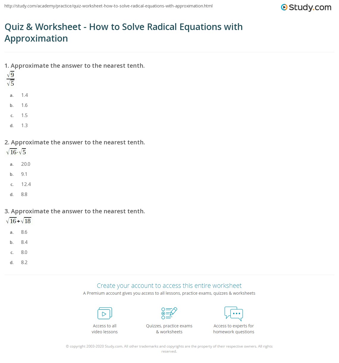 Quiz & Worksheet - How to Solve Radical Equations with Approximation ...