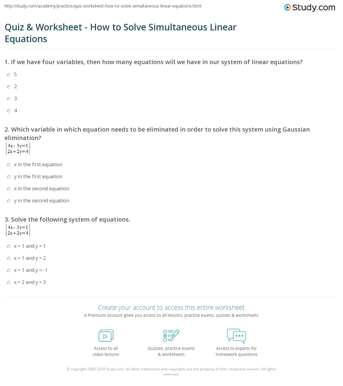 Quiz Worksheet How To Solve Simultaneous Linear Equations Study Quiz Worksheet How To Solve Simultaneous Linear Equations Study