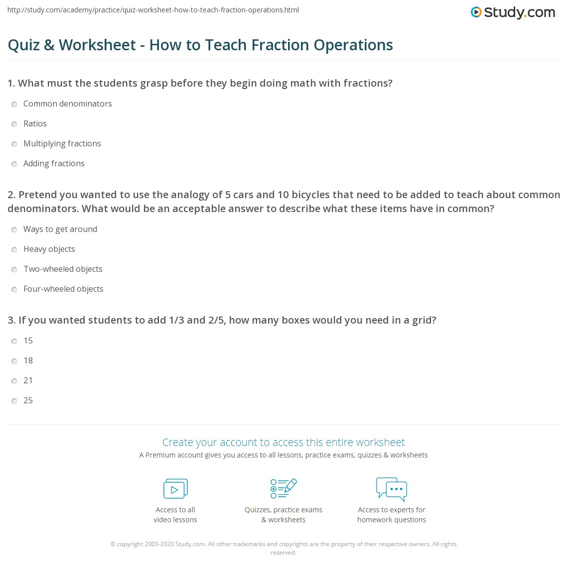 Quiz & Worksheet - How to Teach Fraction Operations | Study.com