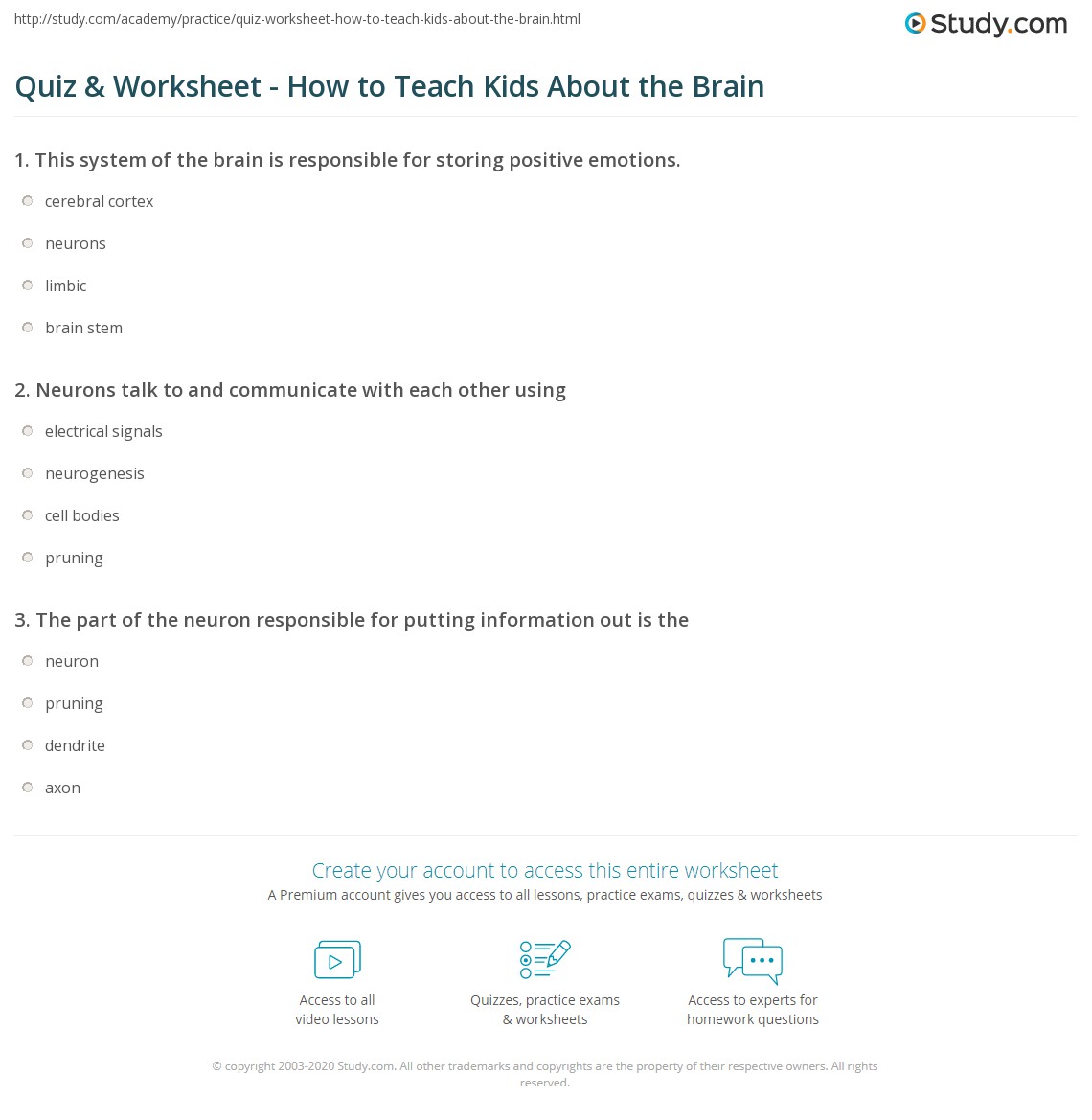 Quiz & Worksheet - How to Teach Kids About the Brain | Study.com