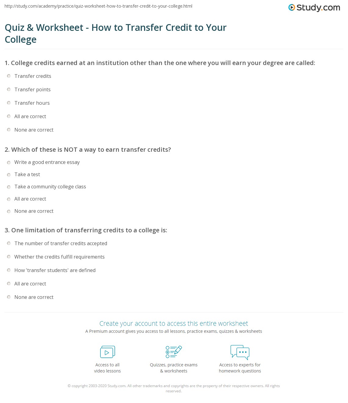Quiz & Worksheet - How to Transfer Credit to Your College | Study.com