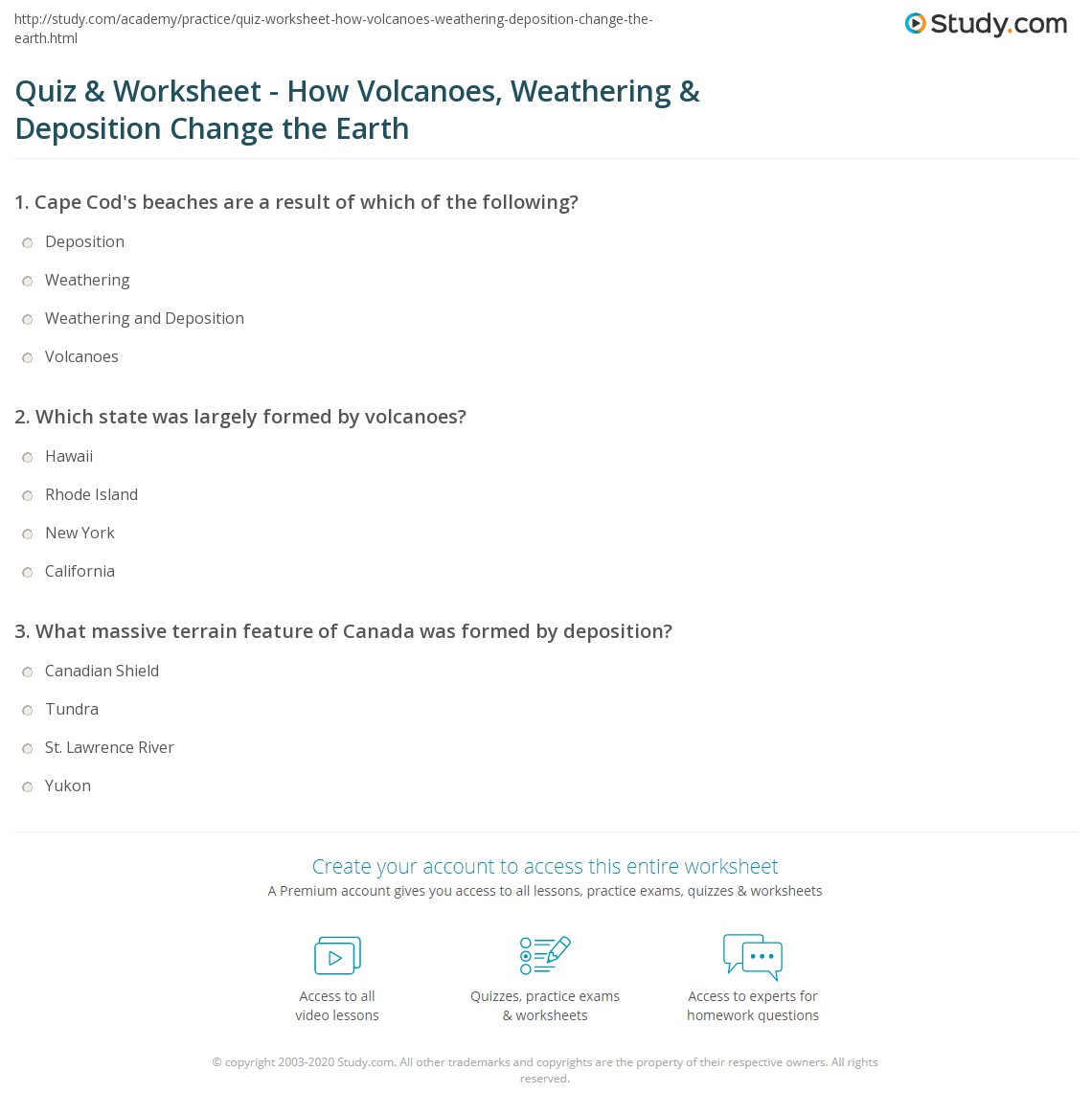 Quiz & Worksheet - How Volcanoes, Weathering & Deposition Change the ...