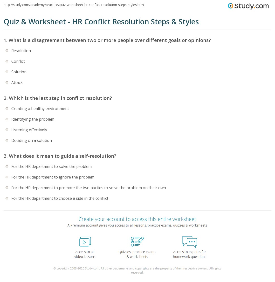 Quiz & Worksheet - HR Conflict Resolution Steps & Styles | Study.com