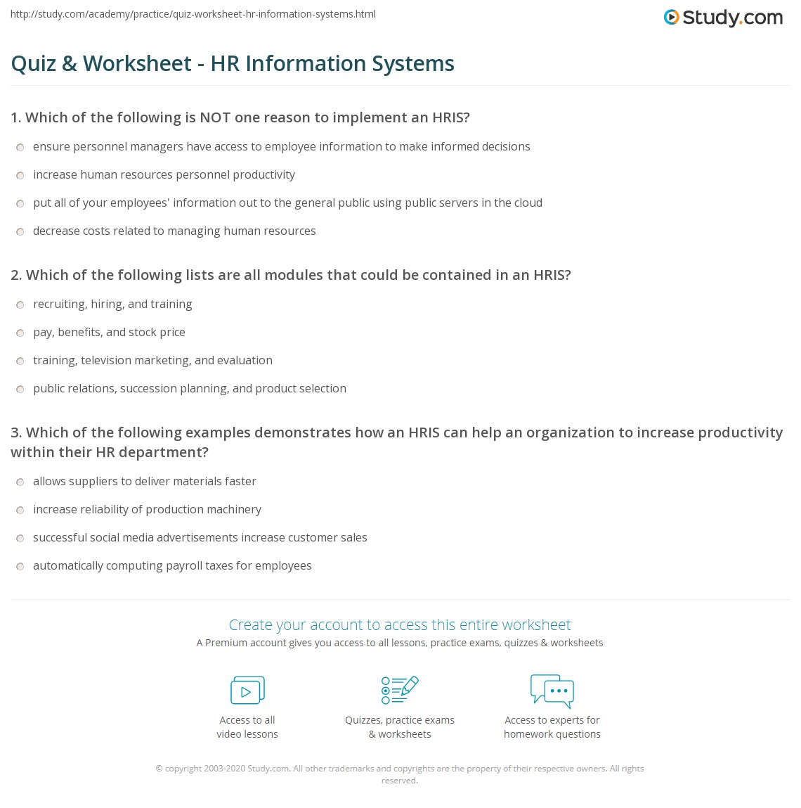 Quiz & Worksheet - HR Information Systems | Study.com
