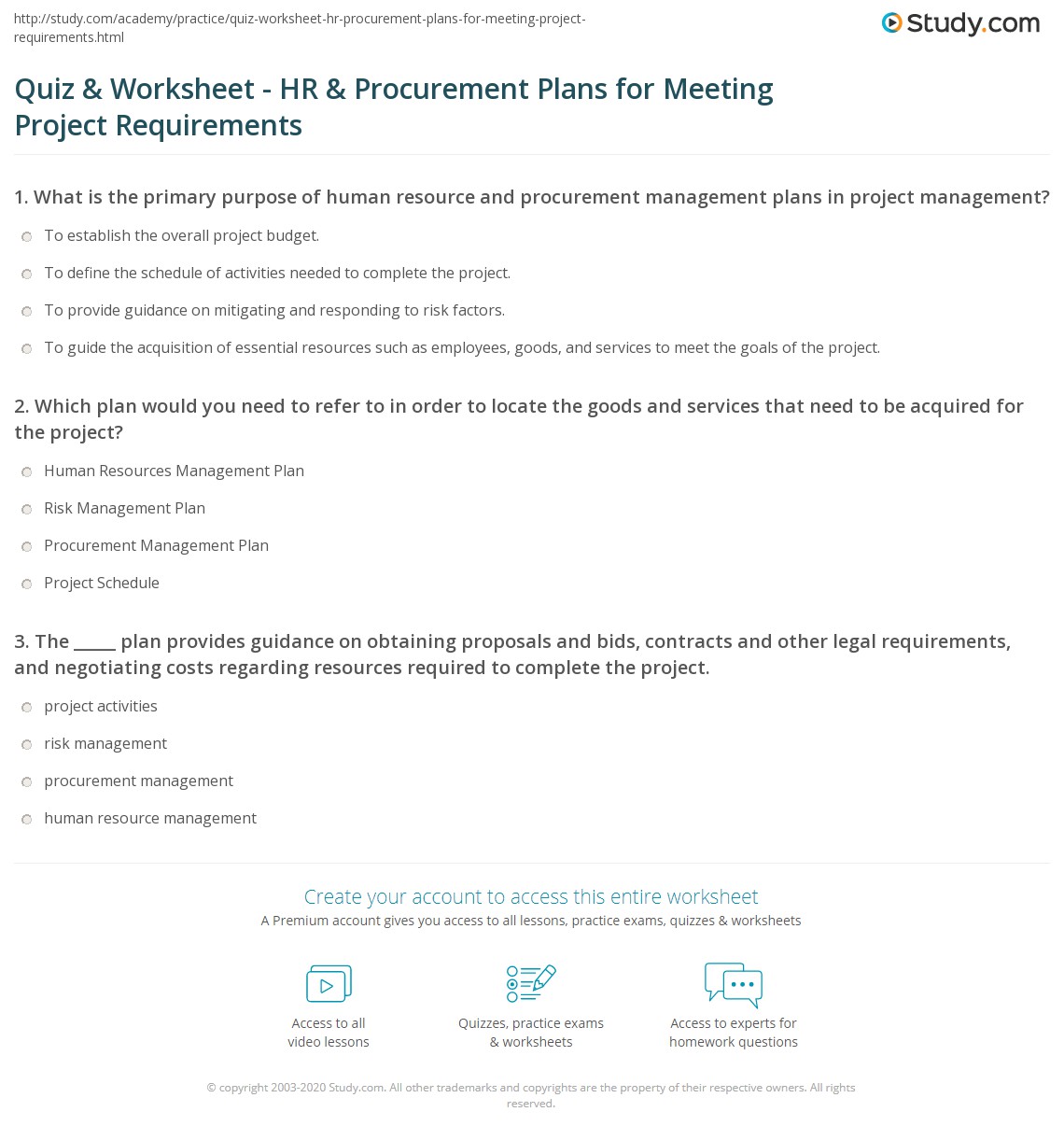 Quiz & Worksheet - HR & Procurement Plans for Meeting Project ...