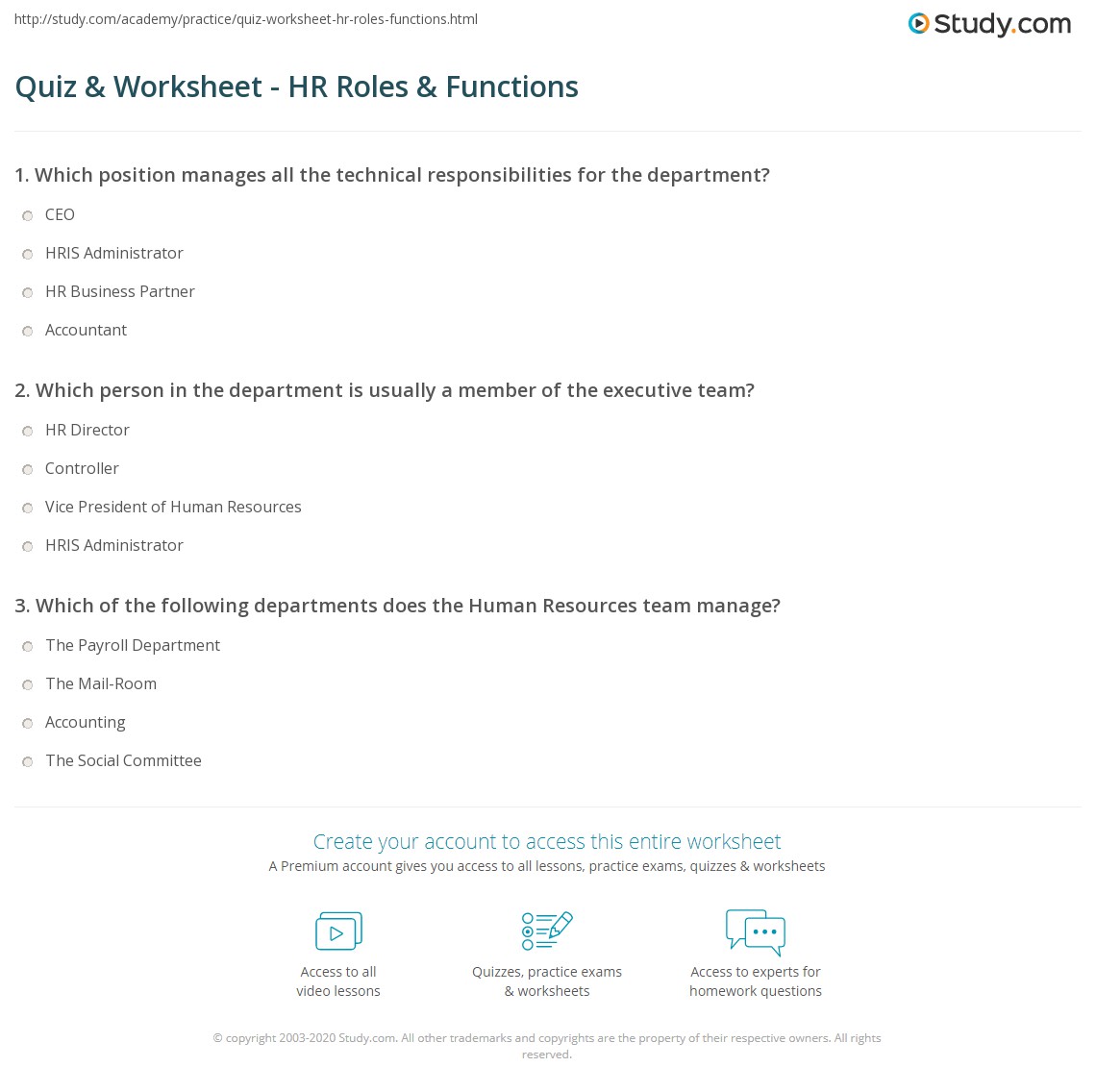 Quiz & Worksheet - HR Roles & Functions | Study.com