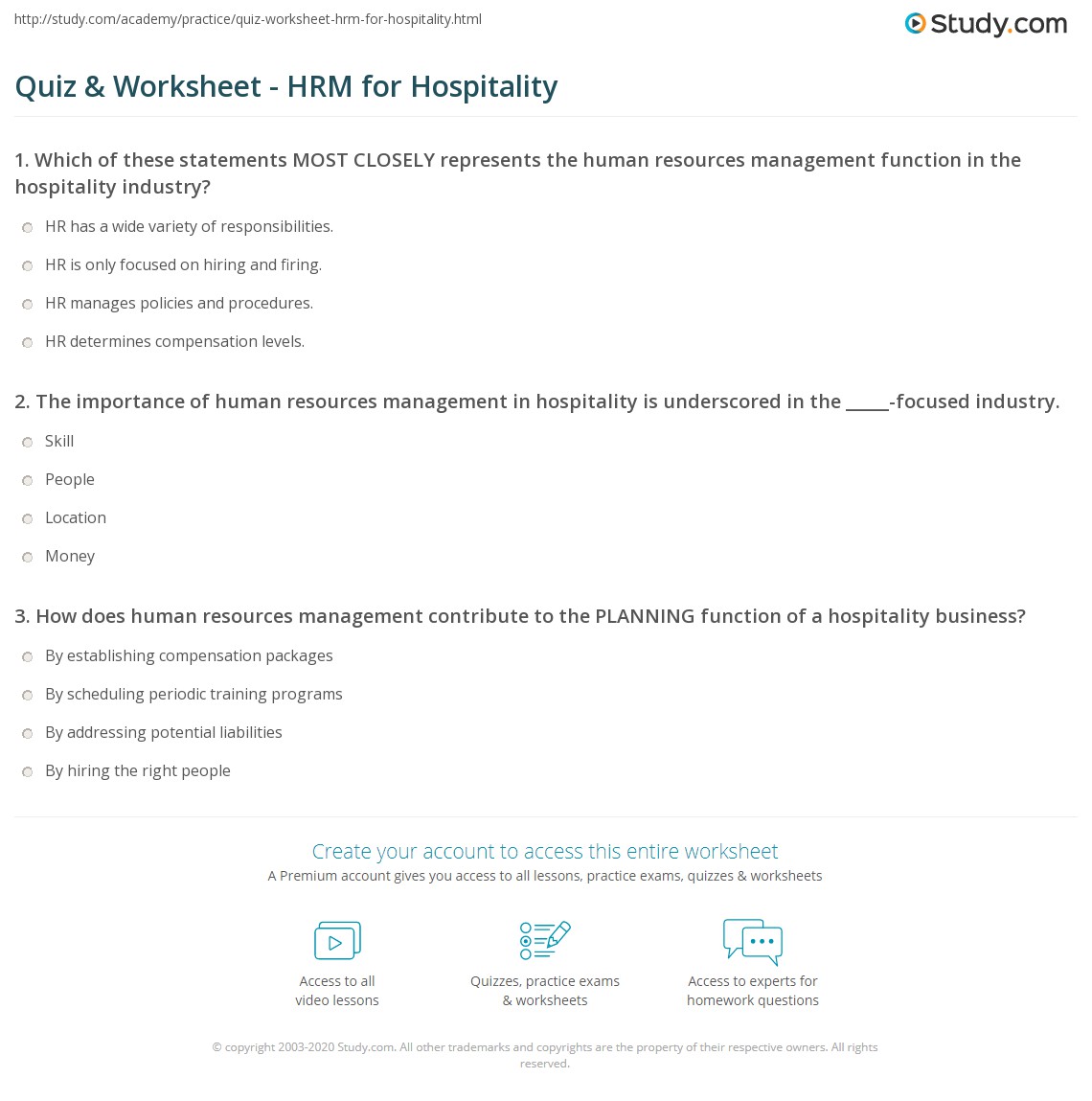 Quiz & Worksheet - HRM for Hospitality | Study.com
