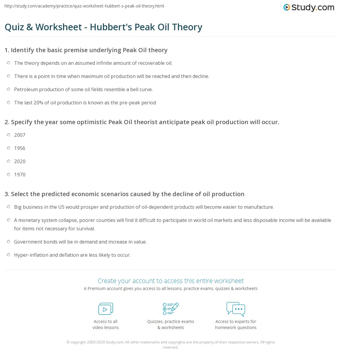 Quiz & Worksheet - Hubbert's Peak Oil Theory | Study.com