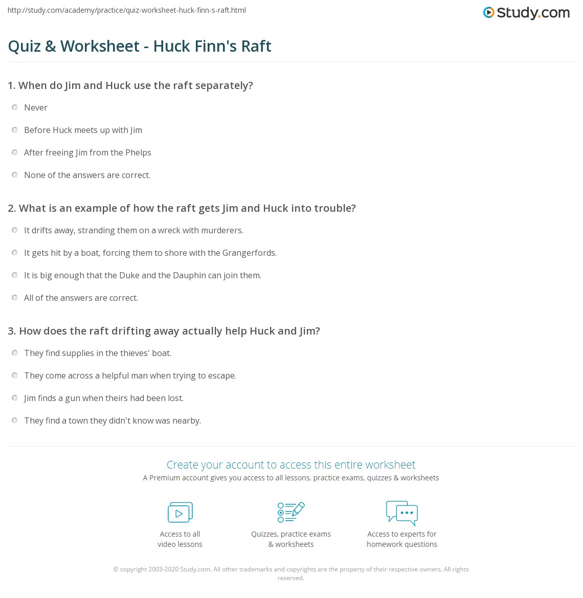 Quiz & Worksheet - Huck Finn's Raft | Study.com