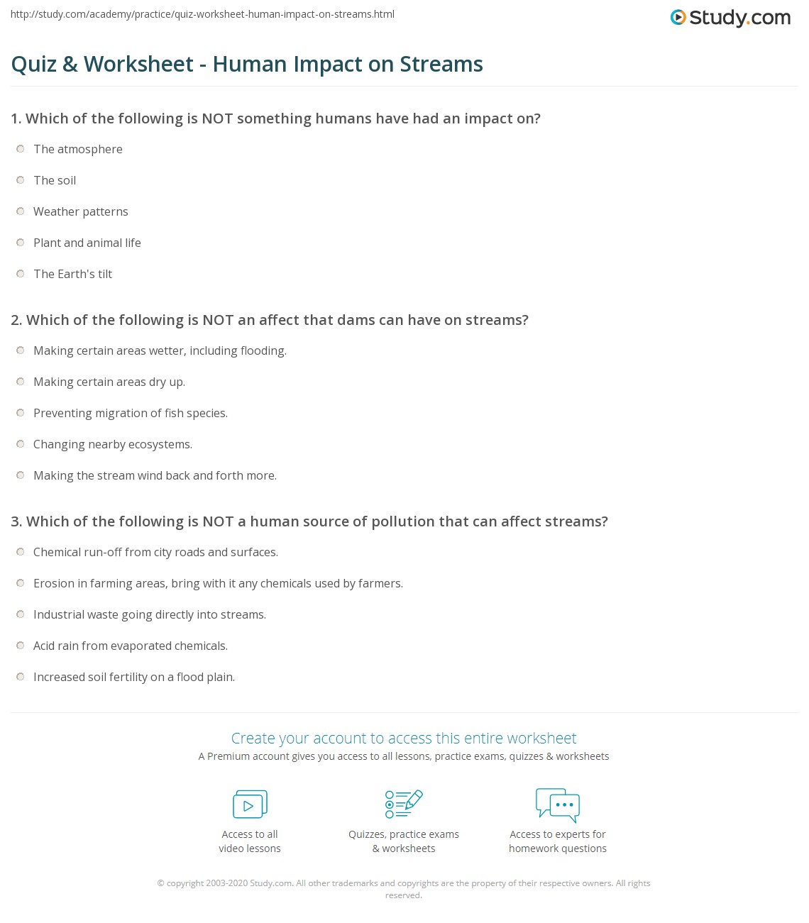 Quiz & Worksheet - Human Impact on Streams | Study.com