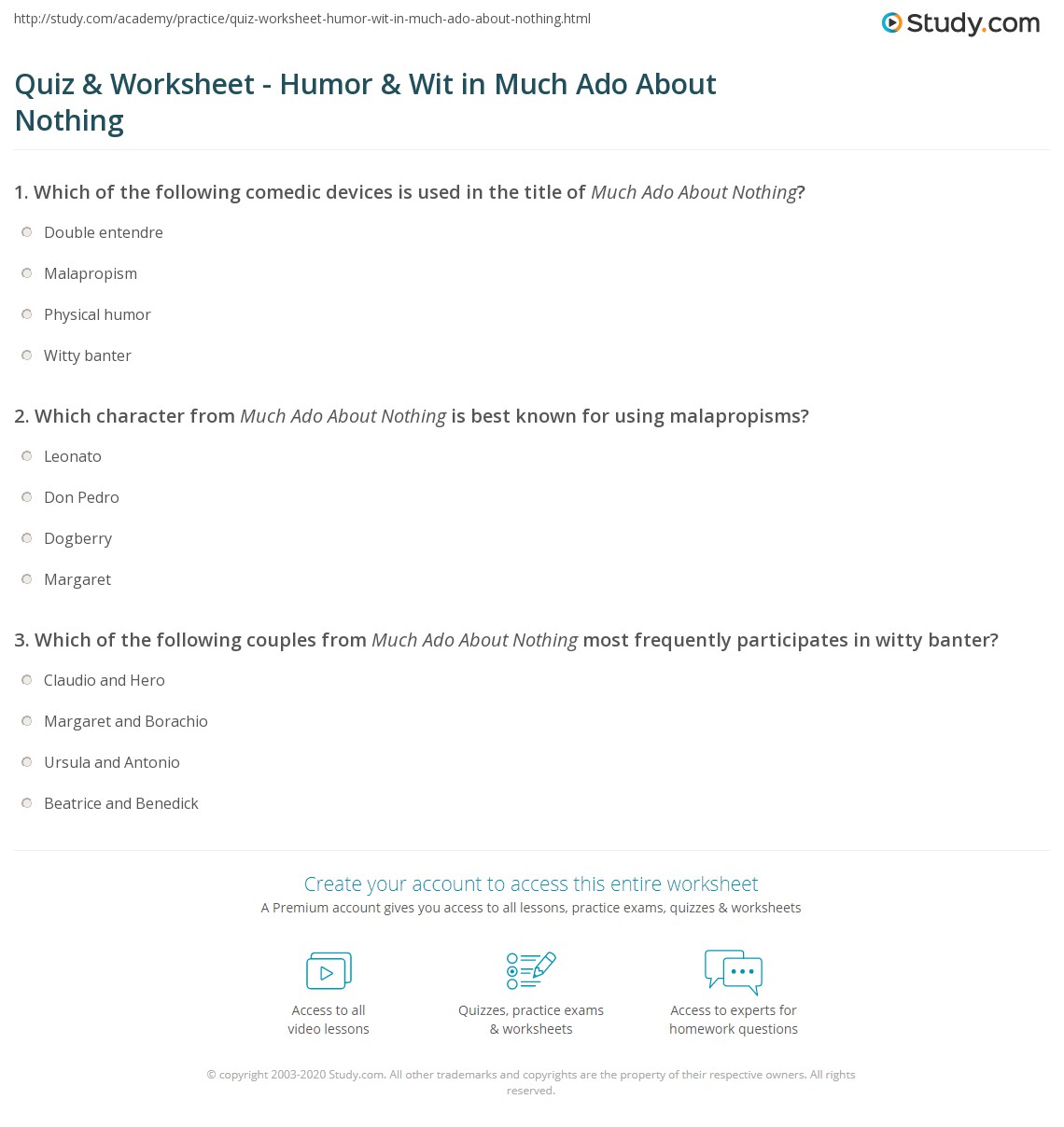 Quiz & Worksheet - Humor & Wit in Much Ado About Nothing | Study.com