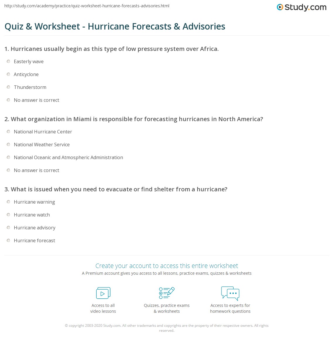 Quiz & Worksheet - Hurricane Forecasts & Advisories | Study.com