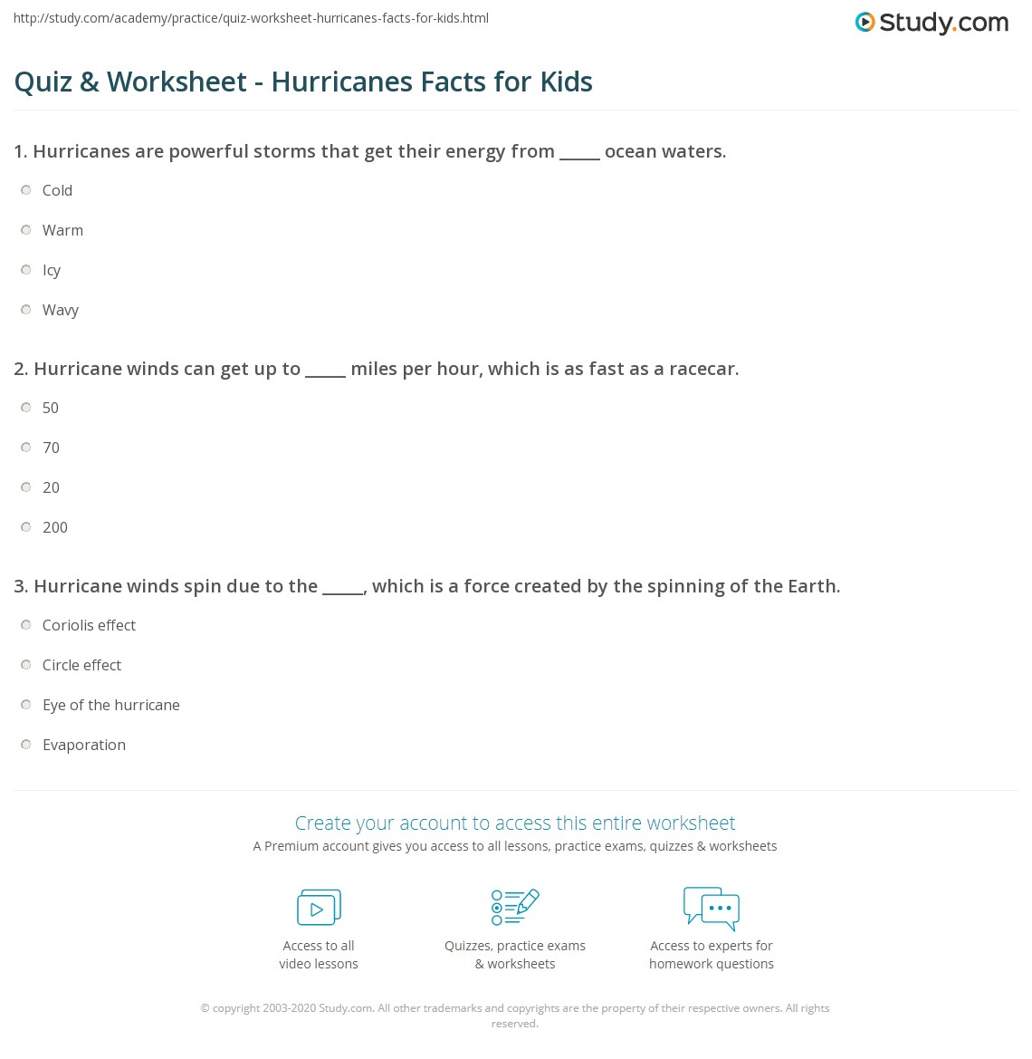 Quiz & Worksheet - Hurricanes Facts for Kids | Study.com