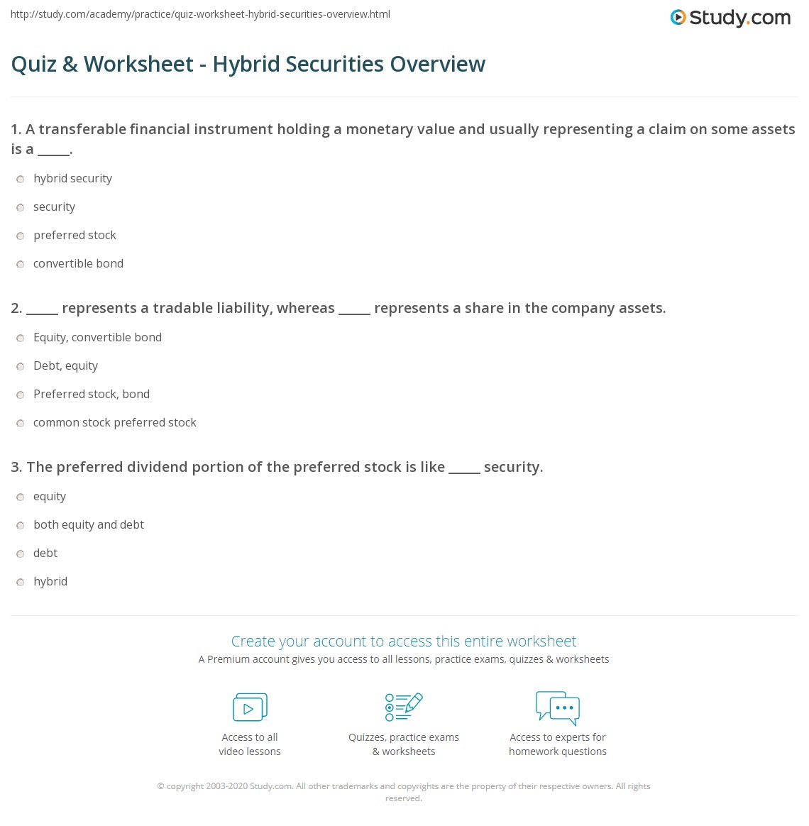Quiz & Worksheet - Hybrid Securities Overview | Study.com