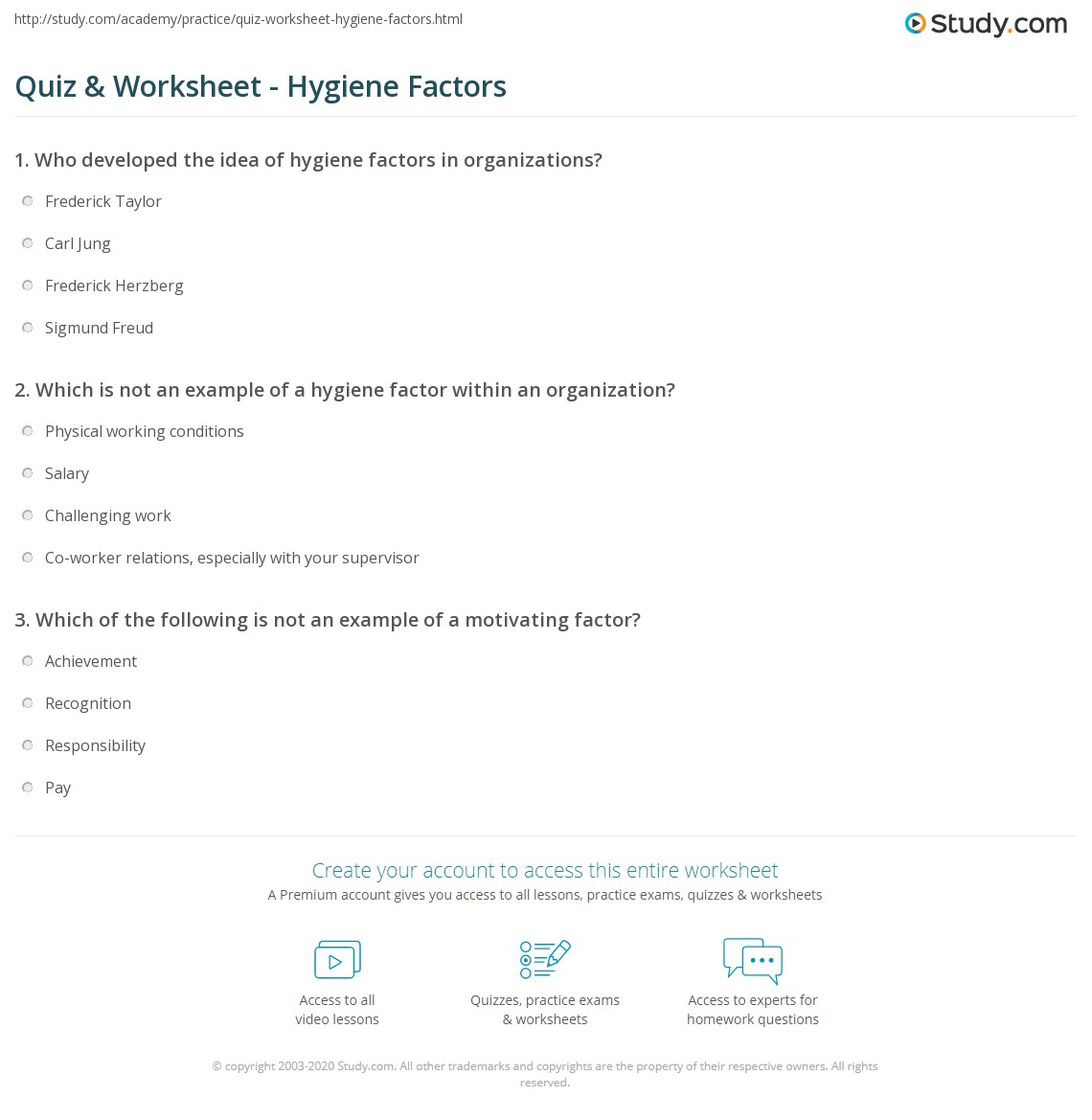 Quiz & Worksheet - Hygiene Factors | Study.com
