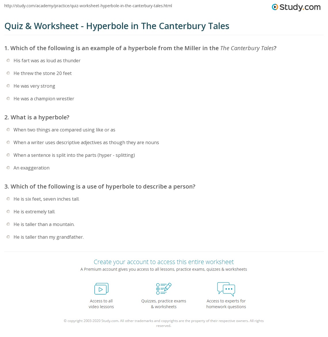 Quiz & Worksheet - Hyperbole in The Canterbury Tales | Study.com