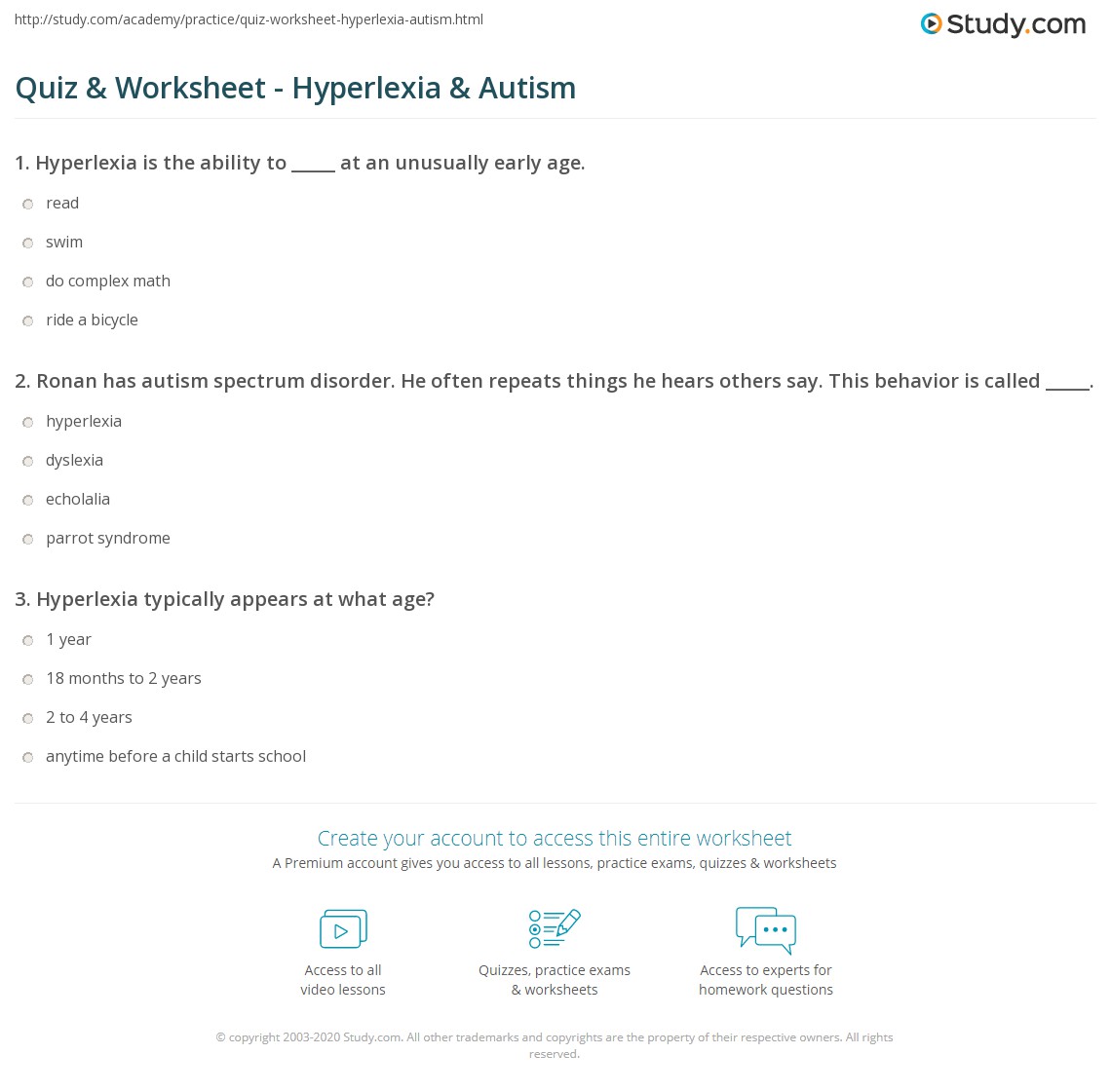 Quiz & Worksheet - Hyperlexia & Autism | Study.com