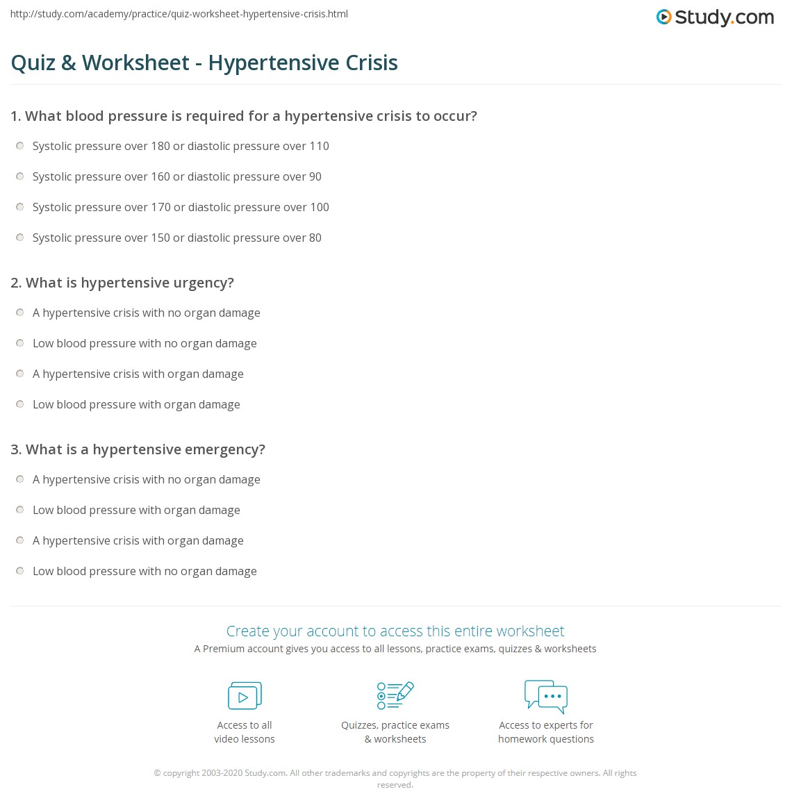 Quiz & Worksheet - Hypertensive Crisis | Study.com