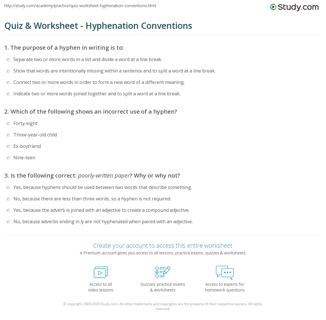 Quiz & Worksheet - Hyphenation Conventions | Study.com