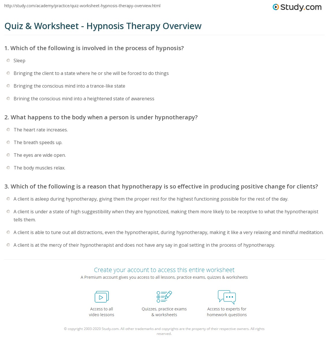 Quiz & Worksheet - Hypnosis Therapy Overview | Study.com