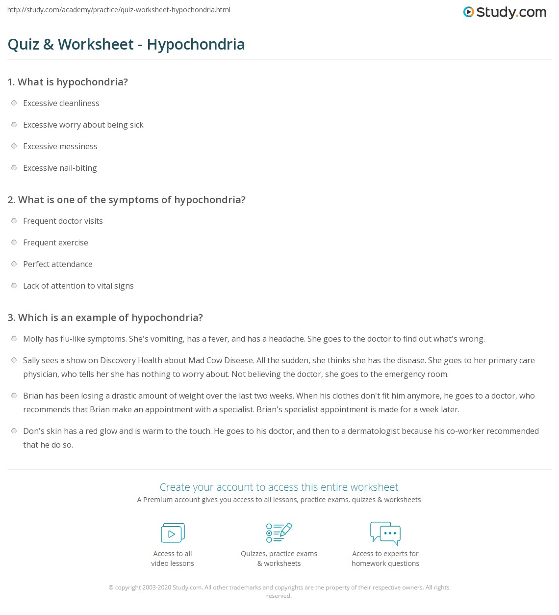Quiz & Worksheet - Hypochondria | Study.com