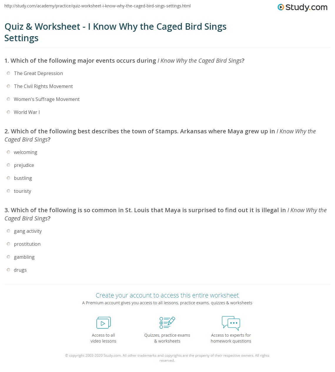 Quiz & Worksheet - I Know Why the Caged Bird Sings Settings | Study.com