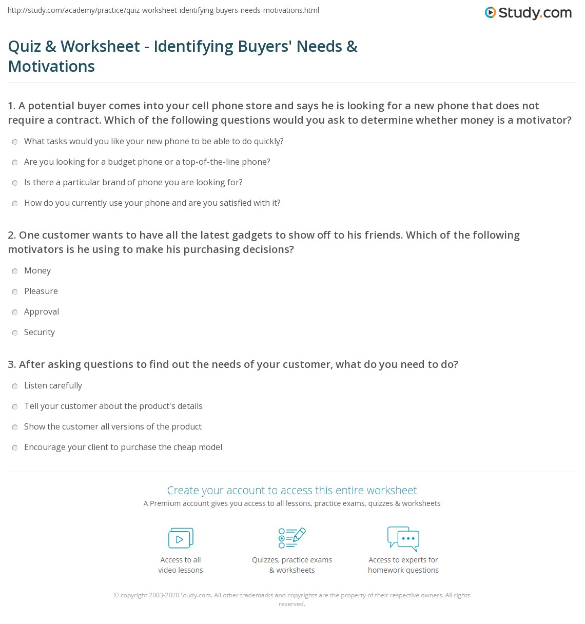 Quiz & Worksheet - Identifying Buyers' Needs & Motivations | Study.com