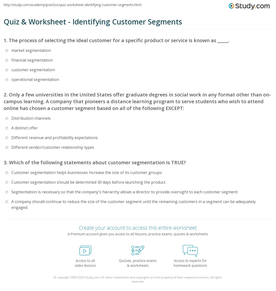 Quiz & Worksheet - Identifying Customer Segments | Study.com