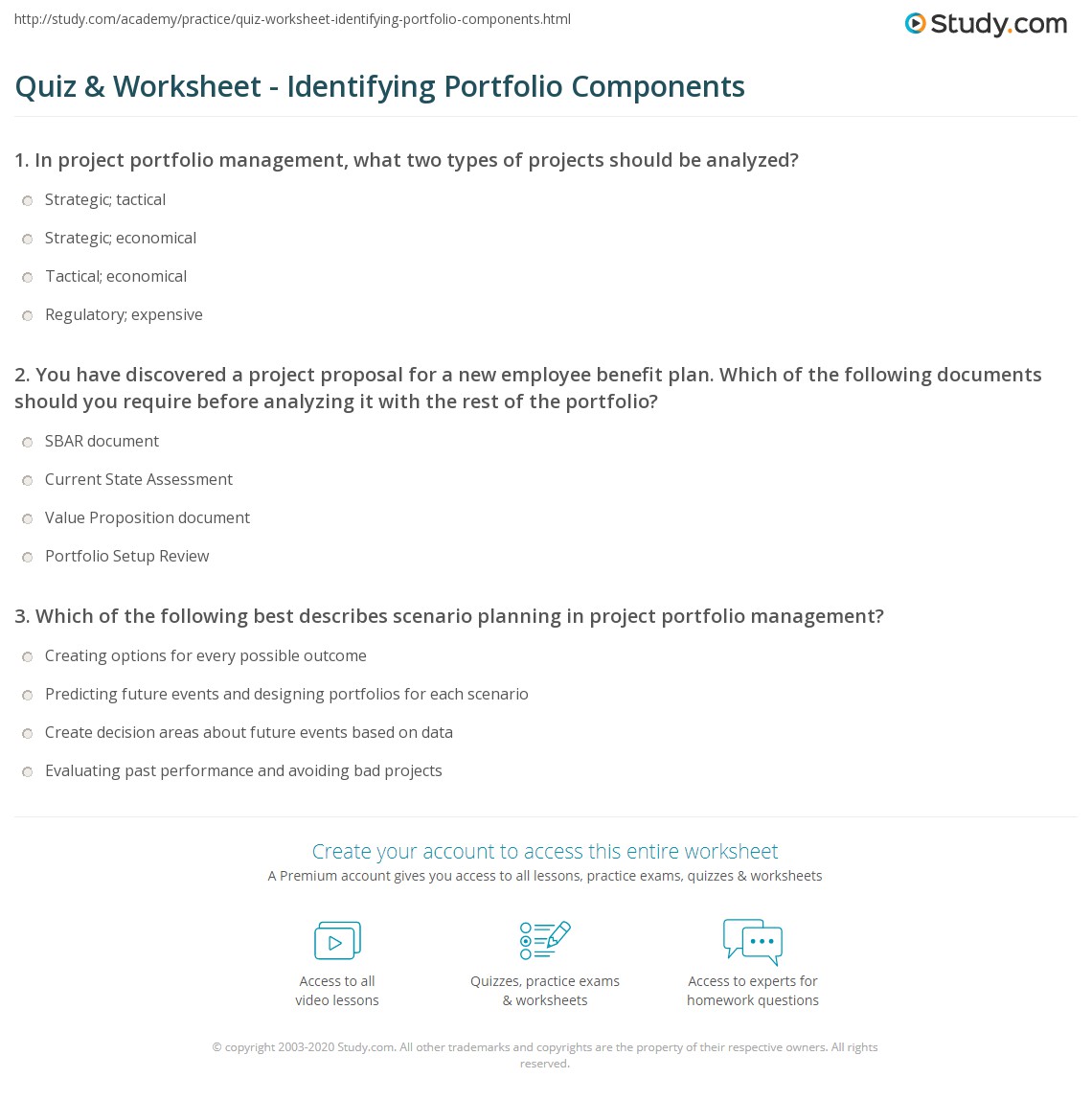 Quiz & Worksheet - Identifying Portfolio Components | Study.com