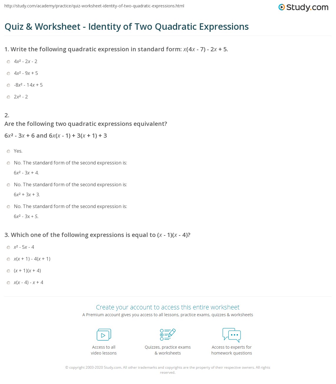 Quiz & Worksheet - Identity of Two Quadratic Expressions | Study.com
