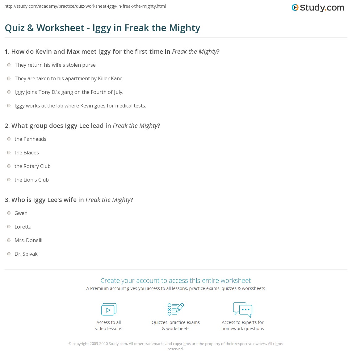 Quiz & Worksheet - Iggy in Freak the Mighty | Study.com