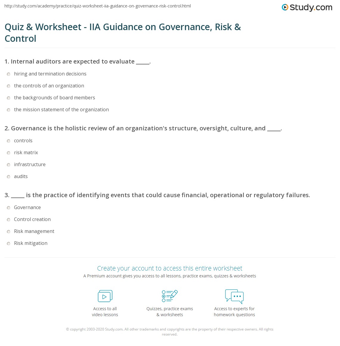 Quiz & Worksheet - IIA Guidance on Governance, Risk & Control | Study.com